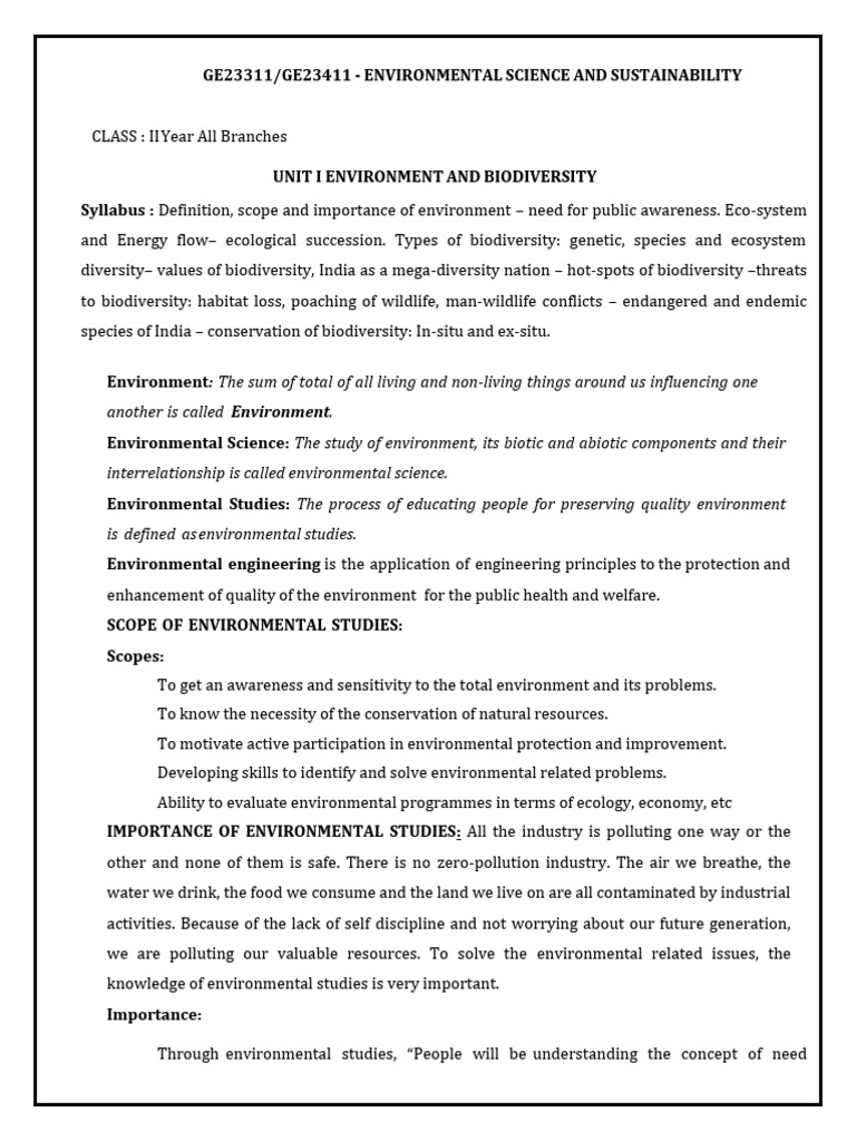 Unit 1 Environment and Biodiversity 25-26 Final | PDF | Ecosystem ...