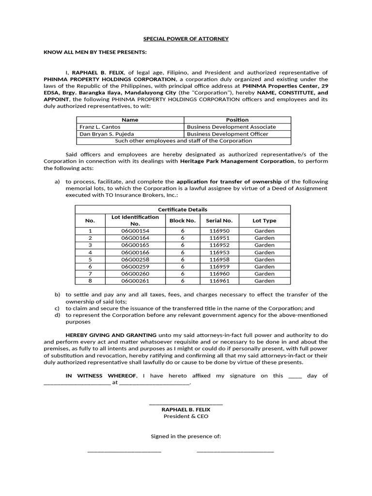Special Power of Attorney - Draft v2 | PDF | Common Law | Private Law