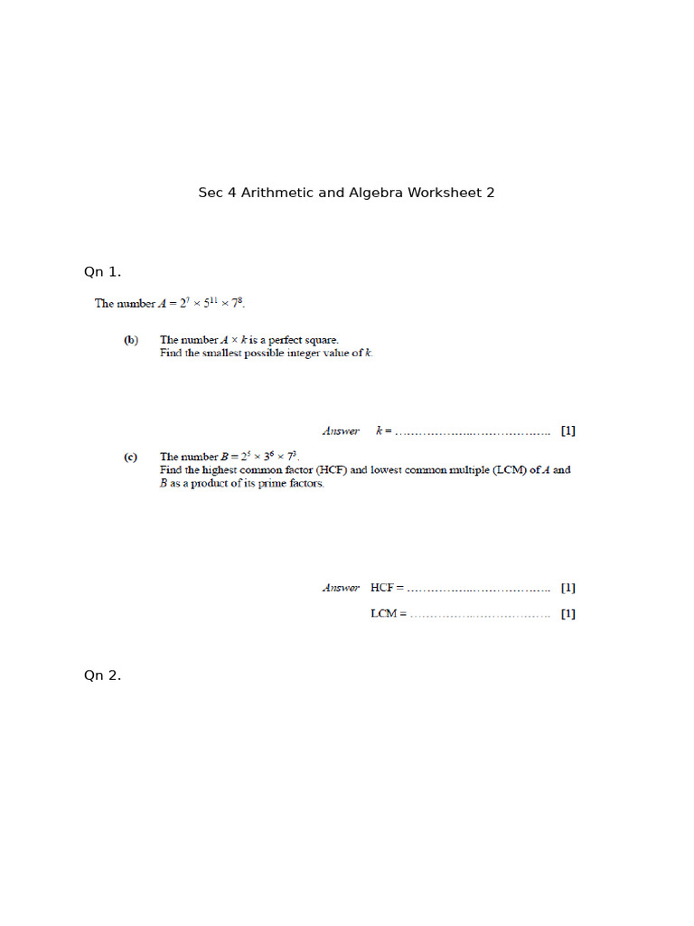 Sec 4 Arithmetic and Algebra Worksheet 2 | PDF