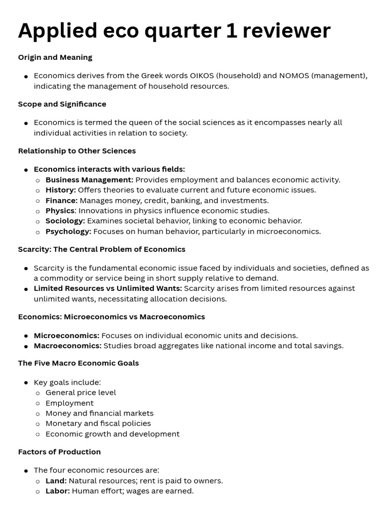 Applied Eco 1st Quarter Reviewer | PDF | Economics | Demand