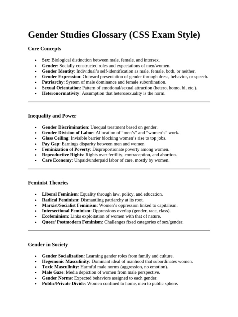 Gender Studies Glossary for CSS Exam | PDF | Gender | Gender Studies