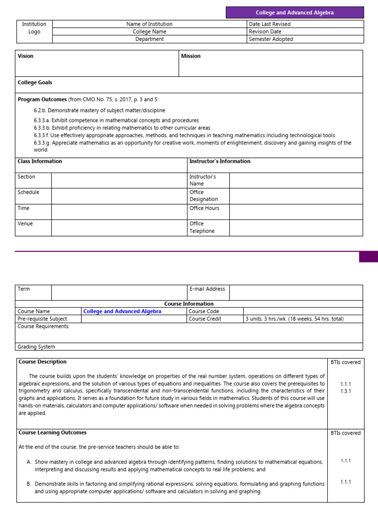 Math 2 Syllabus From Compendium | PDF | Polynomial | Factorization