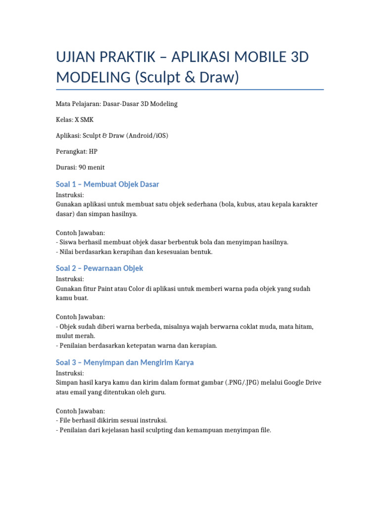 Ujian Praktek 3D Modeling Sculpt Draw Kelas 10 | PDF