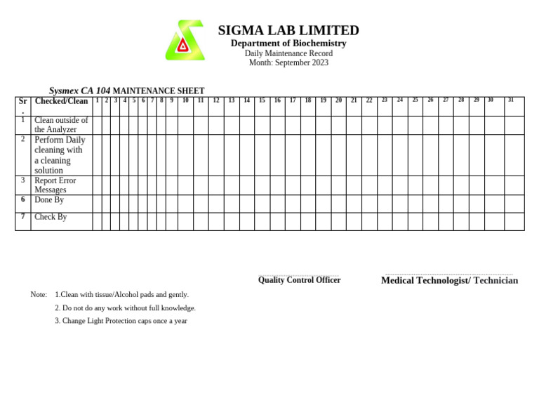 Sysmex CA-104 Maintenance Record | PDF