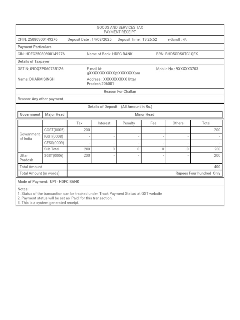 GST Payment Receipt - HDFC Bank | PDF
