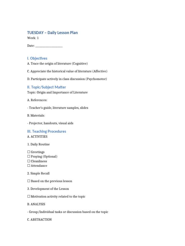 Weekly Literature Lesson Plans | PDF | Lesson Plan | Neuroscience