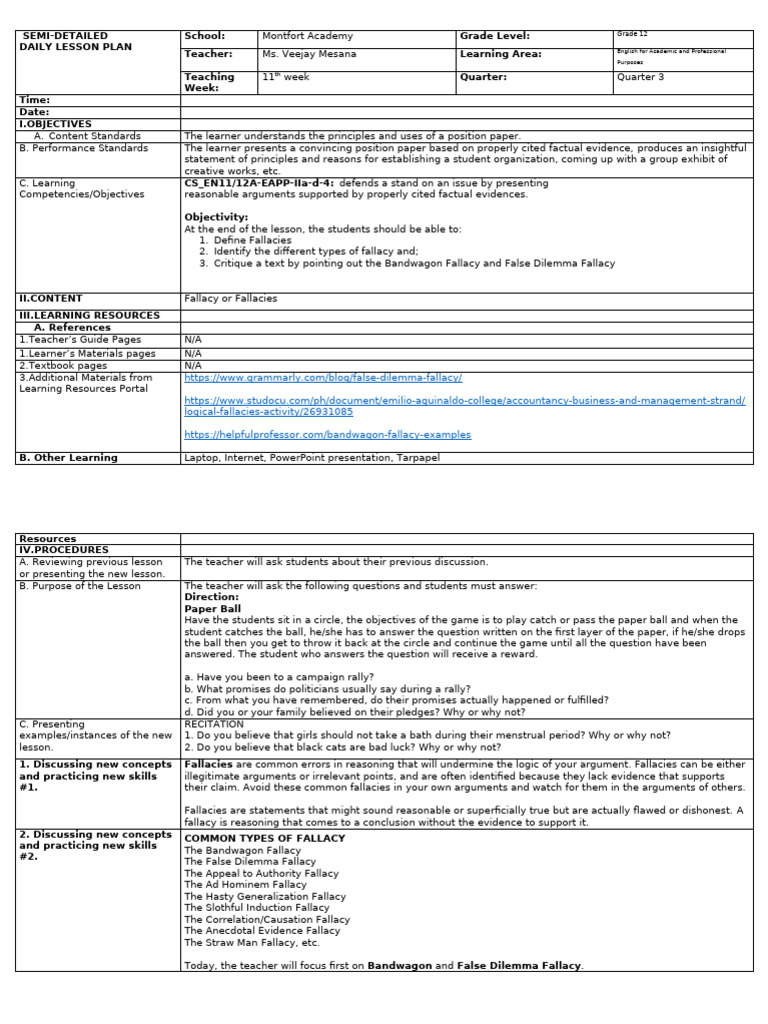 Veejay Final Lesson Plan | PDF | Fallacy | Argument