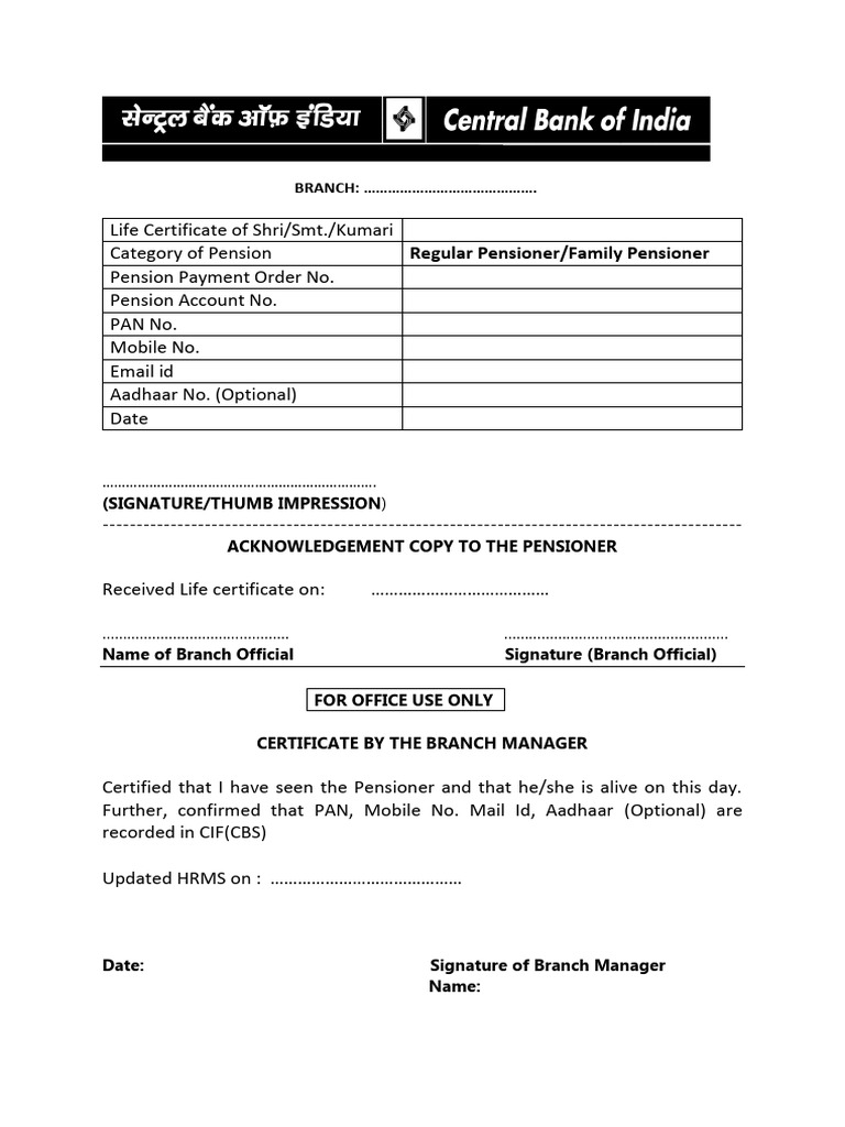 Pensioner Life Certificate Form | PDF