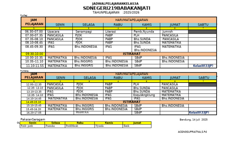 Jadwal Pelajaran Kelas 3A SD 2025/2026 | PDF