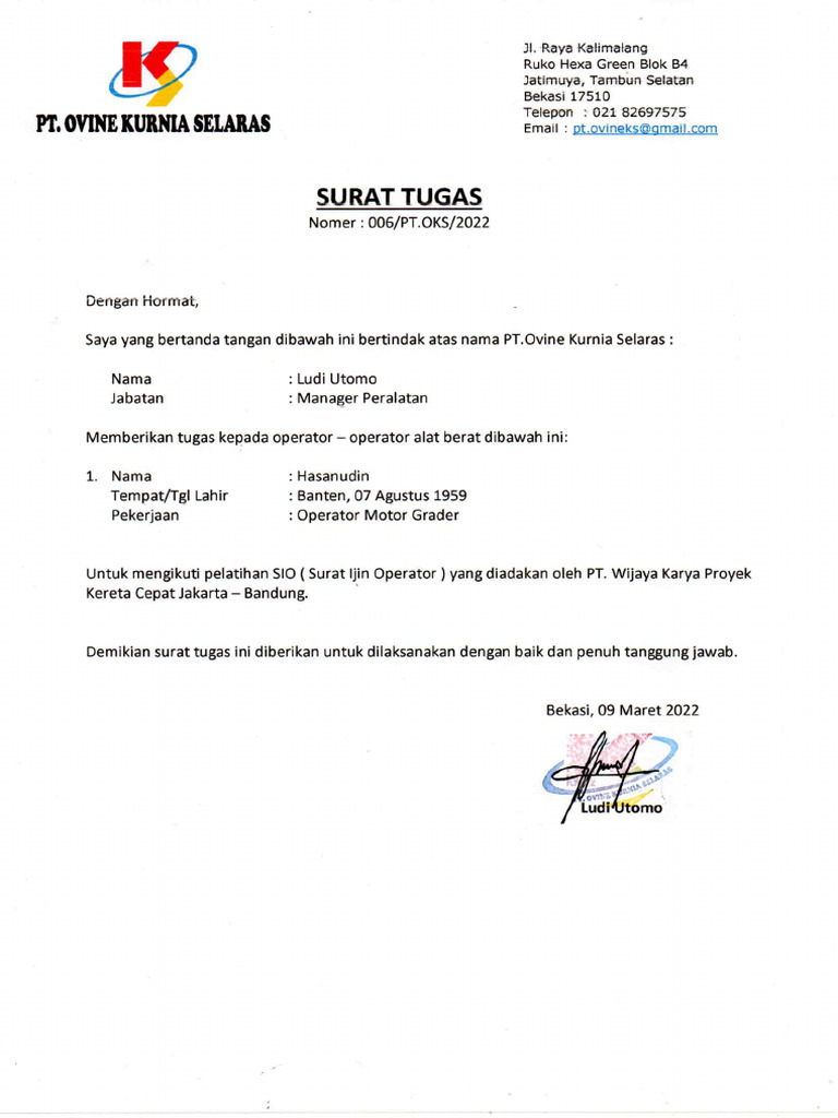 Surat Tugas Pelatihan SIO Pak Hasan | PDF