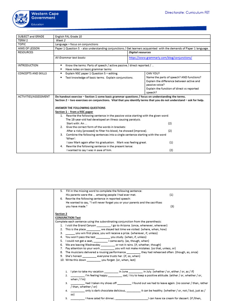 Grade 10 English: Conjunctions Lesson Plan | PDF | Human Communication ...