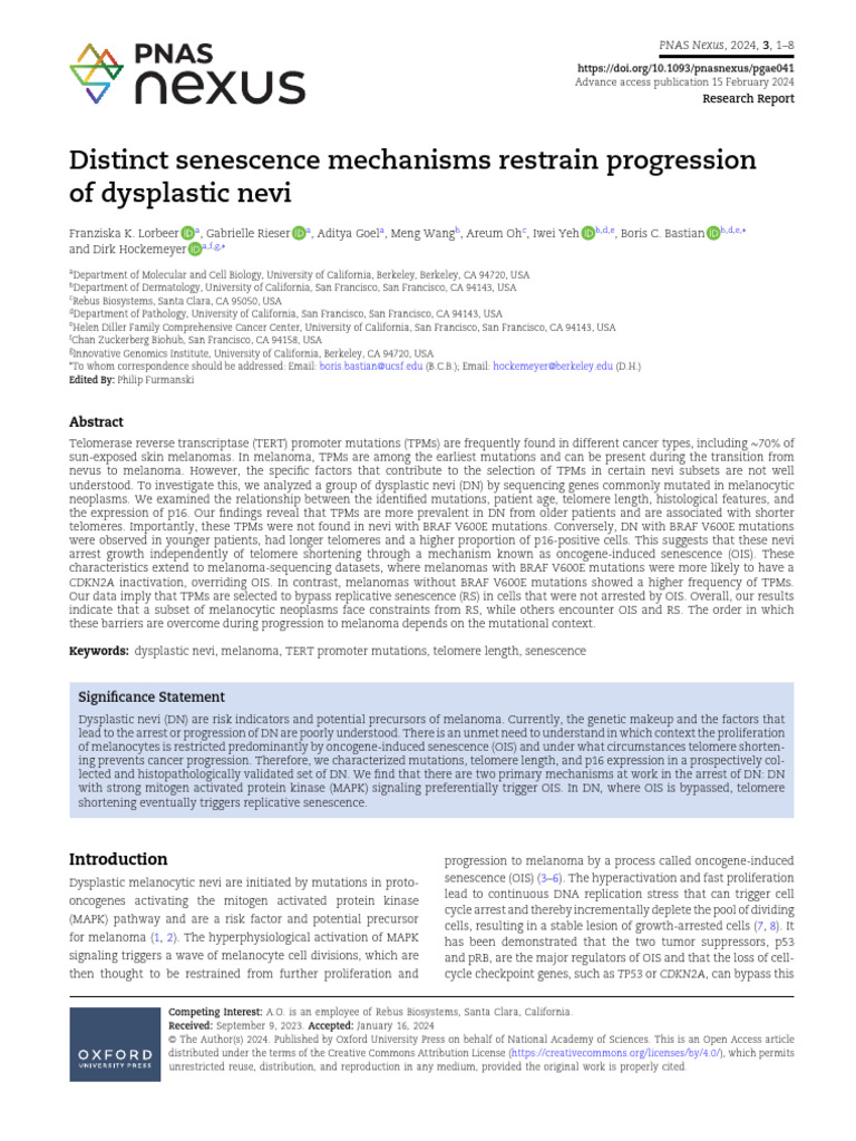 Distinct Senescence Mechanisms Restrain Progression of Dysplastic Nevi ...