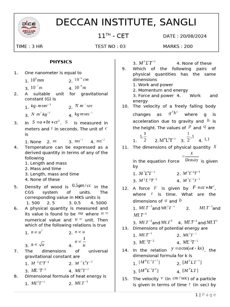 Xi - Cet - Q.P - 20-08-2024 | PDF | Mole (Unit) | Atomic Orbital