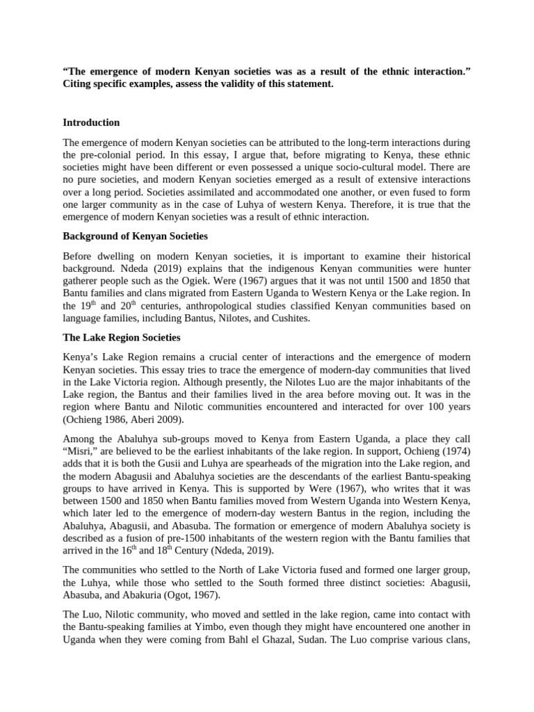 The Emergence of Modern Kenyan Societies Was As A Result of The Ethnic ...