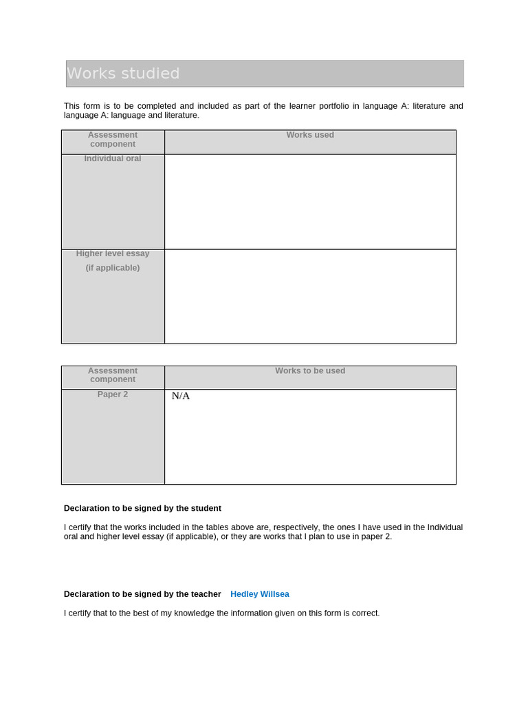 Learner Portfolio Works Declaration Form | PDF