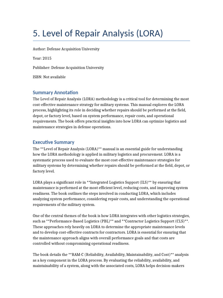 Level of Repair Analysis LORA Summary | PDF | Logistics | Systems ...