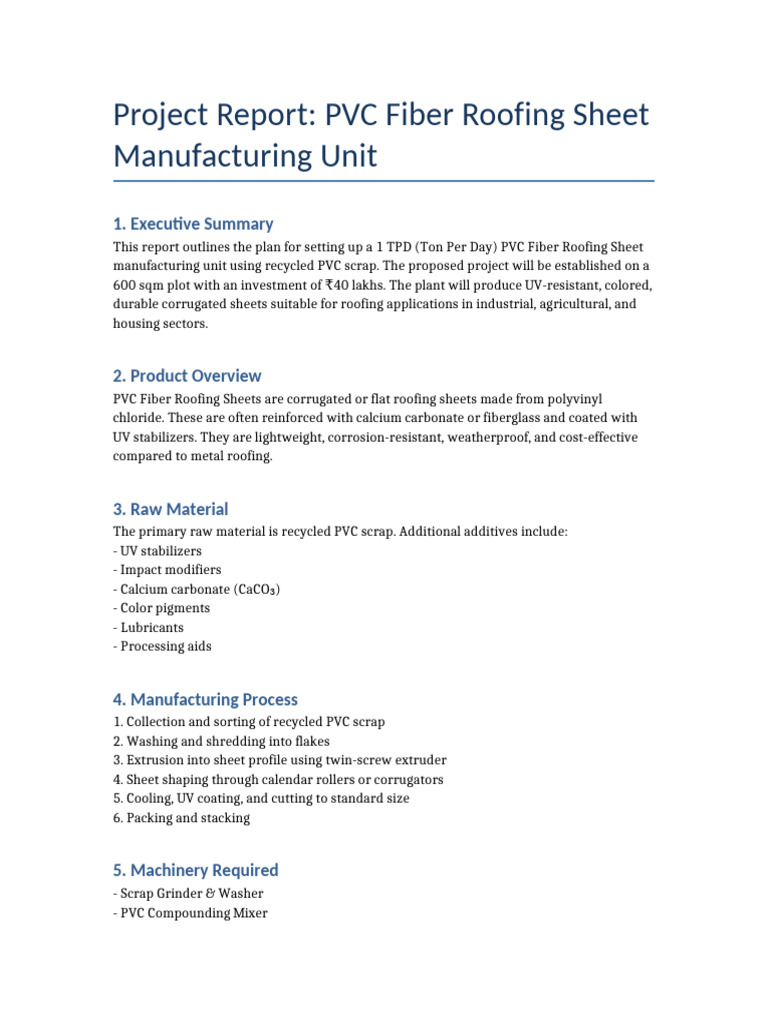 PVC Fiber Roofing Sheet Manufacturing Plan | PDF | Polyvinyl Chloride ...