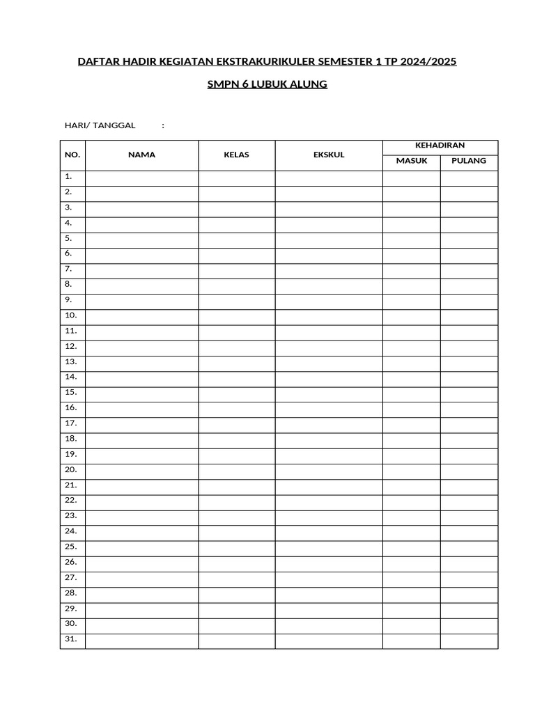 Daftar Hadir Ekstrakurikuler SMPN 6 | PDF