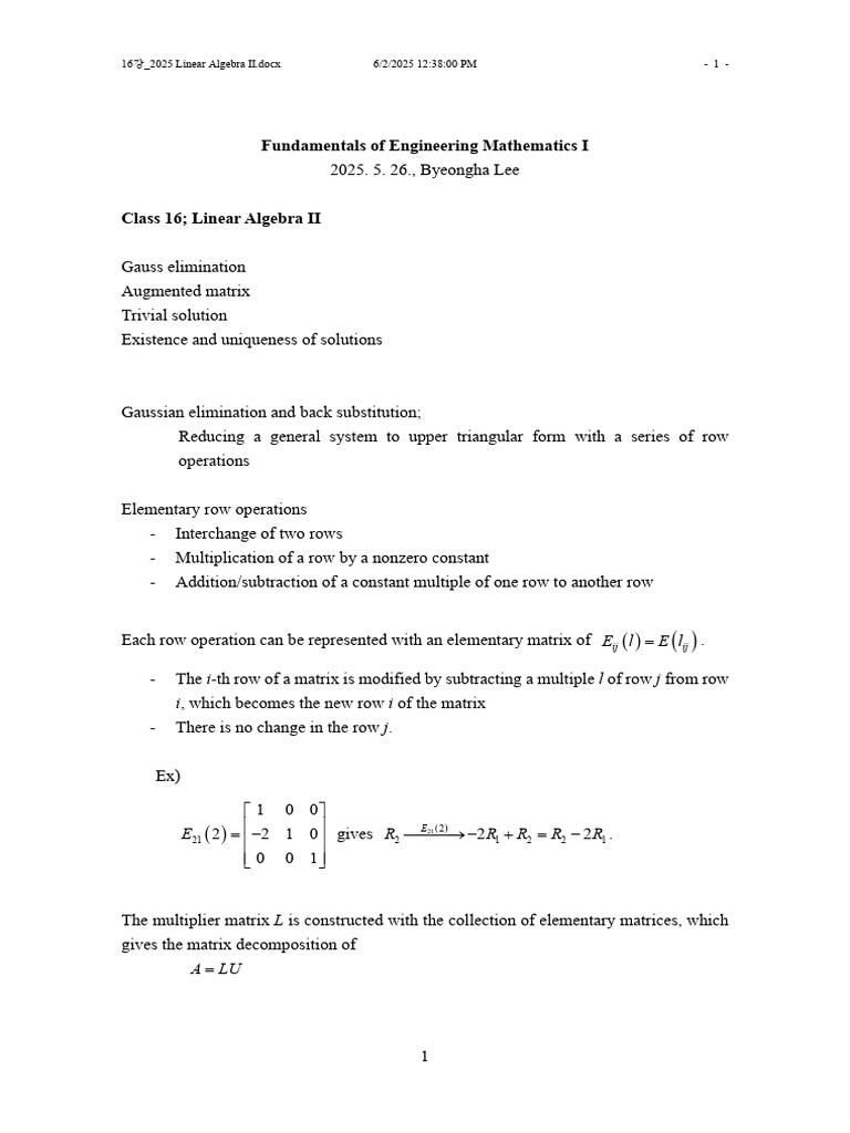 Linear Algebra II: Gaussian Elimination Techniques | PDF | Matrix ...