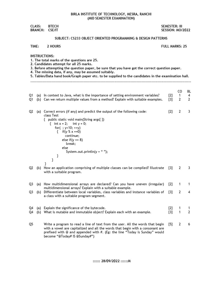 BTech Mid-Sem Exam: OOP & Design Patterns | PDF | Object Oriented ...
