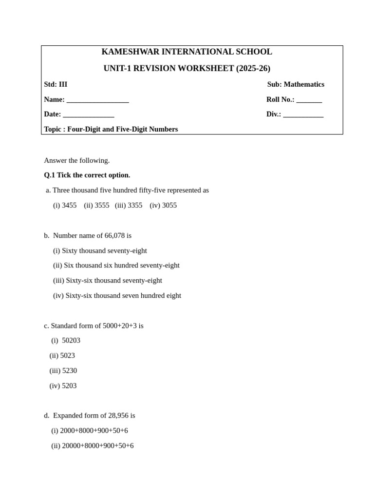 Kameshwar International School Unit-1 Revision Worksheet (2025-26) | PDF