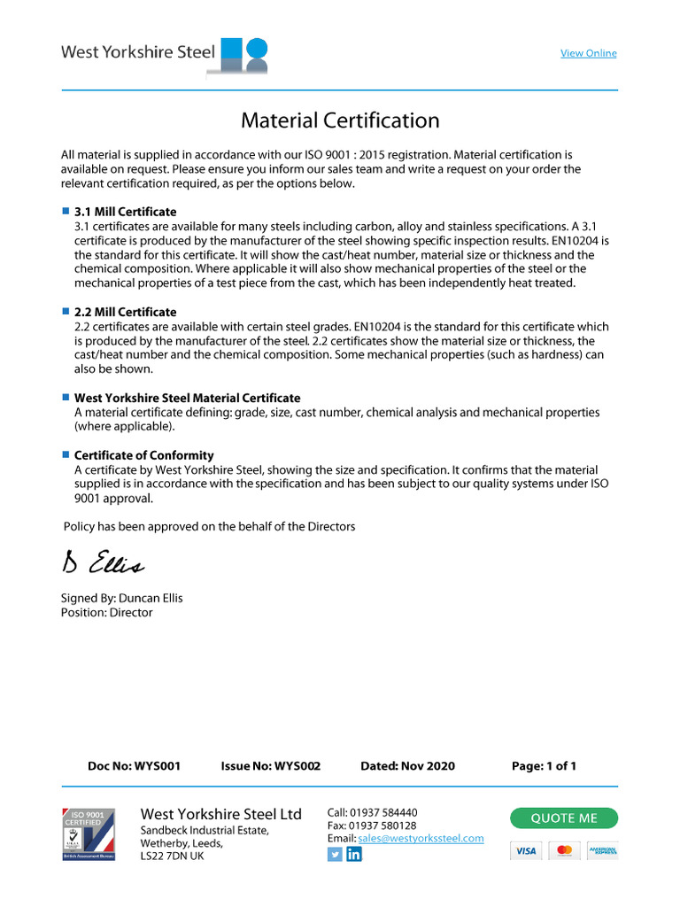 Material Certification | PDF