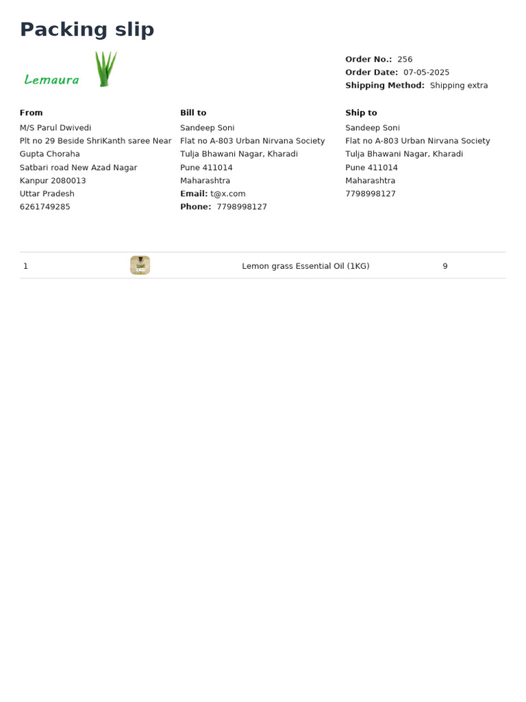 Packing Slip for Order No. 256 | PDF