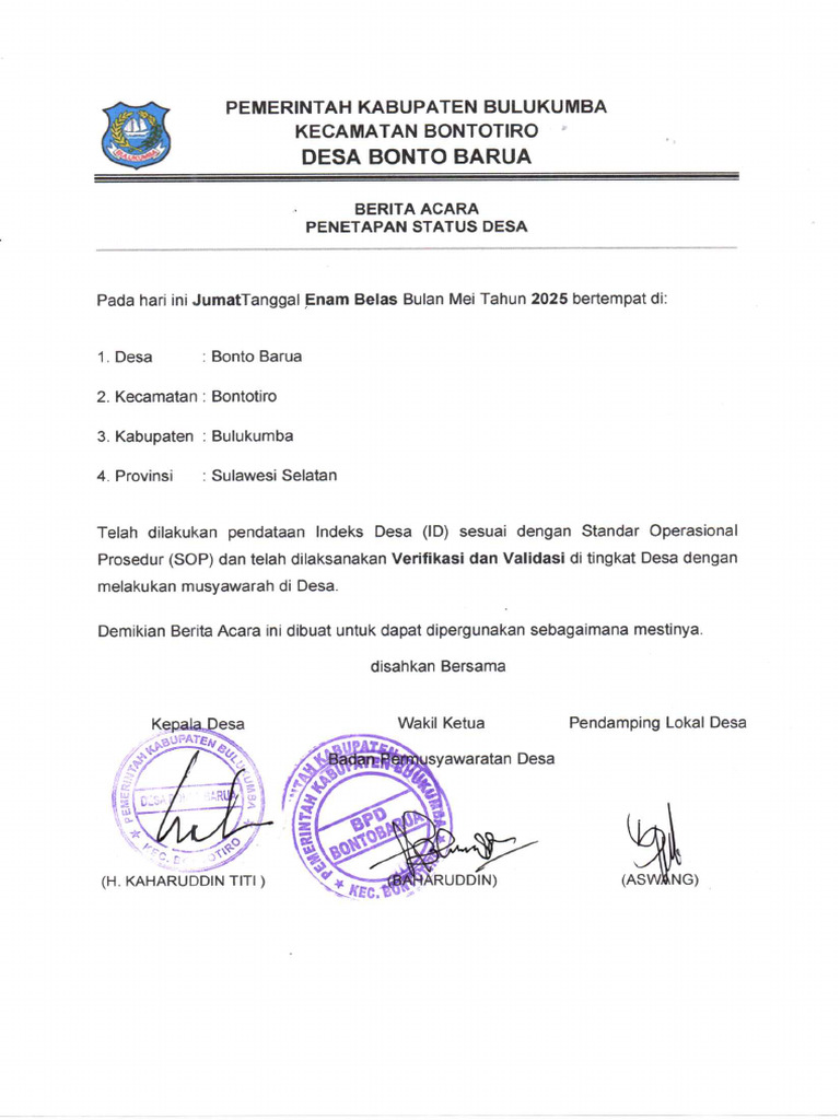 Berita Acara Penetapan Status Desa Bonto Barua | PDF