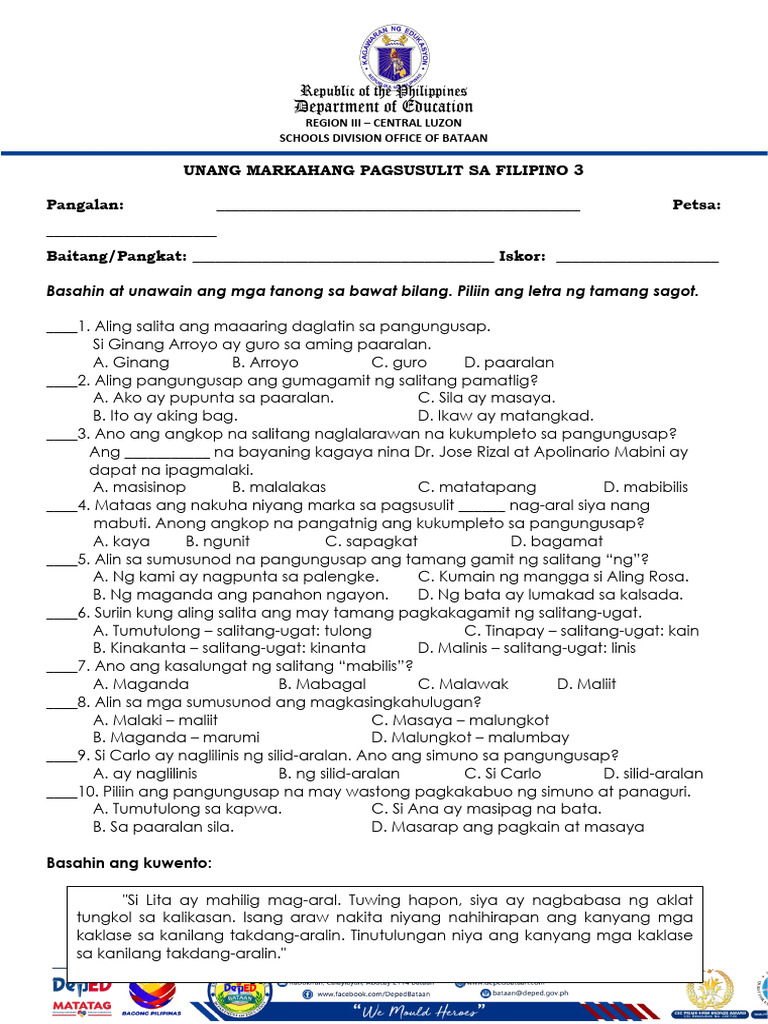 Grade 3 1st Quarter Test in Filipino | PDF
