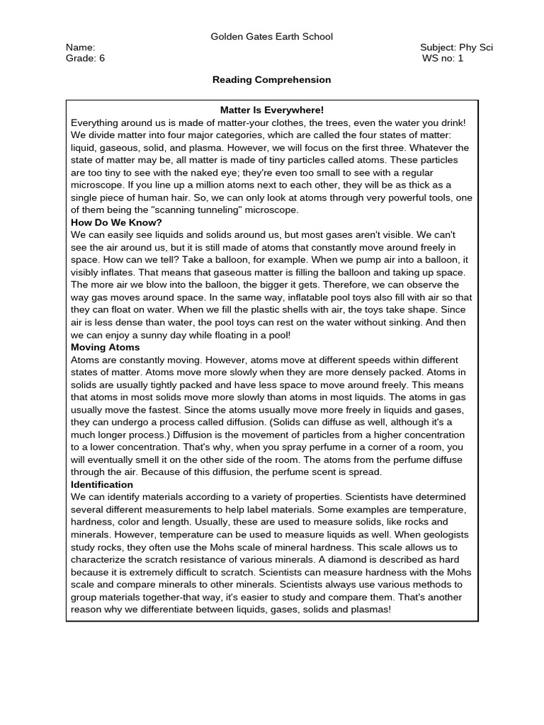 Reading Comprehension - G 6 - Elec-Tricks | PDF | Gases | Liquids