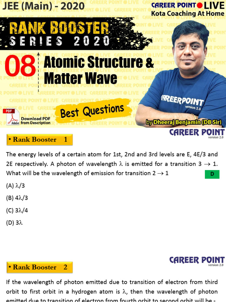 Atomic Structure & Matter Wave (DB Sir) (22!11!2019) | PDF | Spectral ...