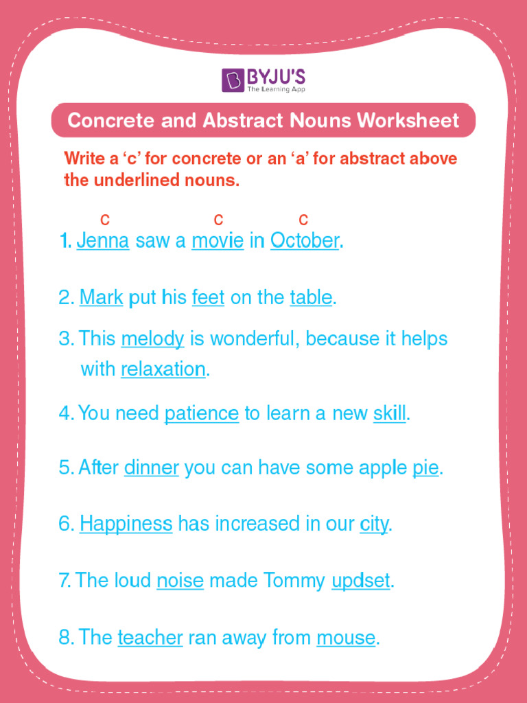 Concrete and Abstract Nouns Worksheet 01 | PDF