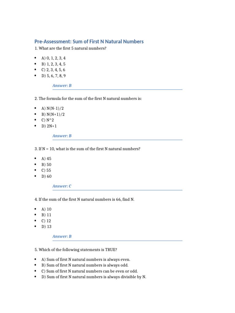 Sum of First N Natural Numbers - Pre - Assessment | PDF