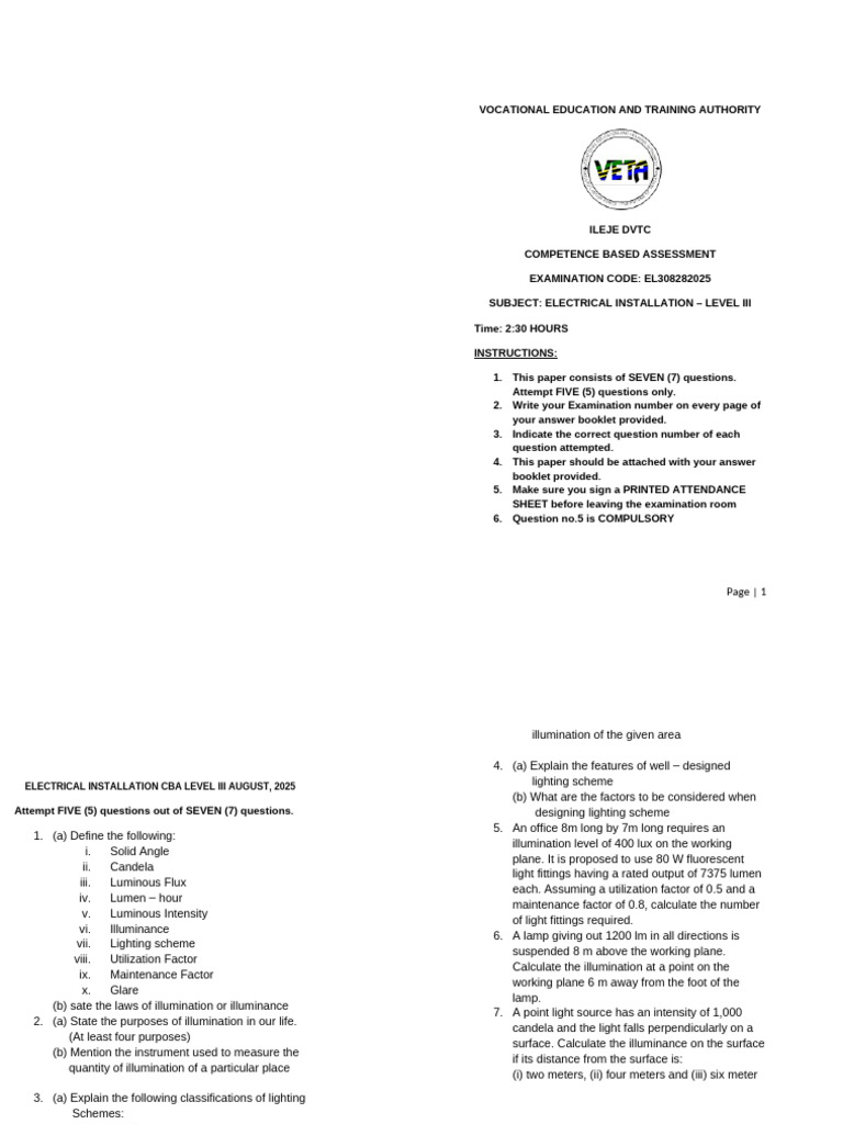 Cba Ii El208 2019 Paper 2 | PDF | Lighting | Electromagnetic Radiation