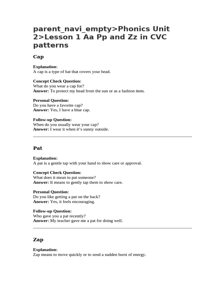 Phonics Lesson: CVC Words Aa, Pp, Zz | PDF | Par (Score)