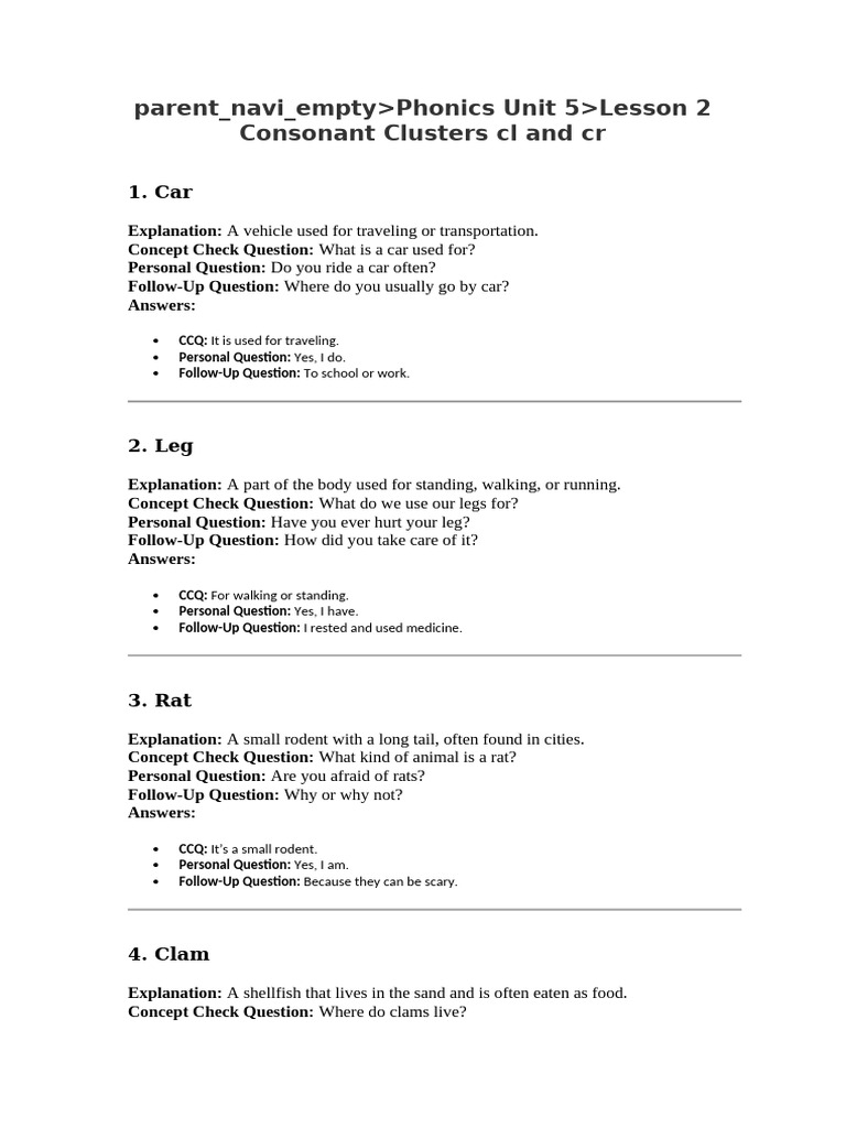 Consonant Clusters: cl and cr Lesson | PDF
