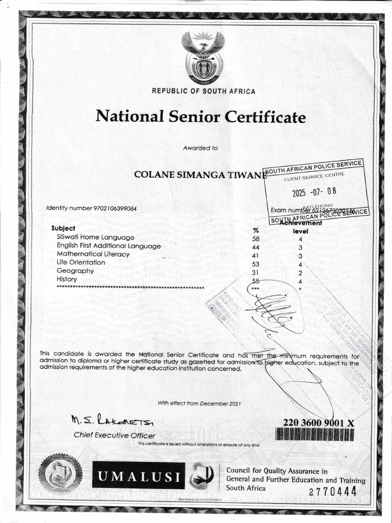 National Senior Certicate | PDF