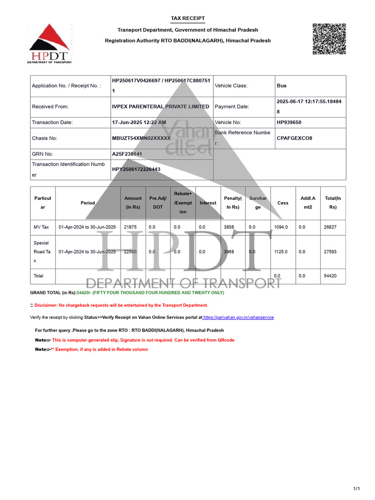 Himachal Pradesh Bus Tax Receipt | PDF | Payments | Taxes