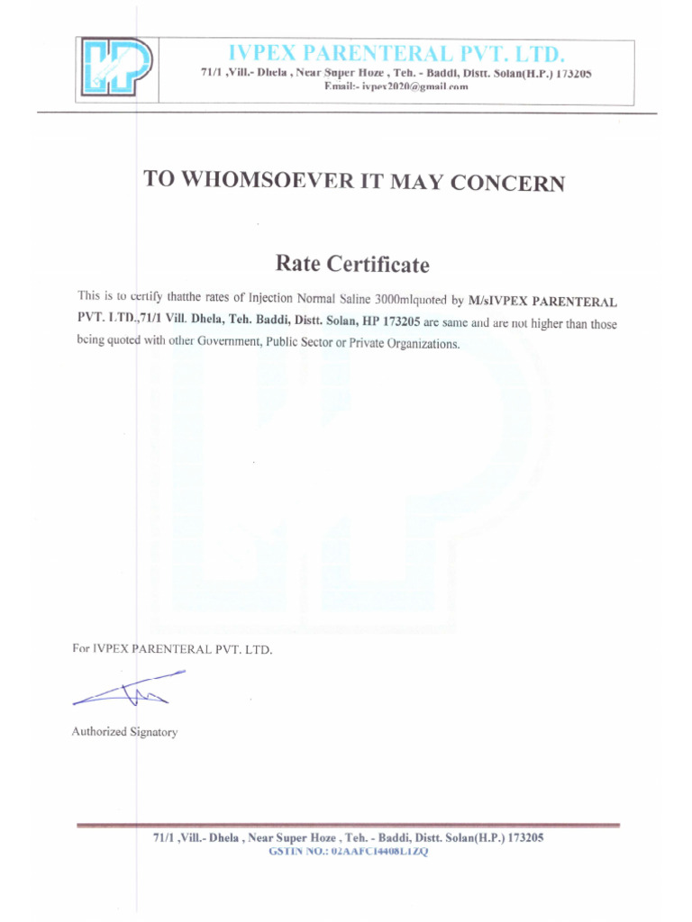 Rate Certificate | PDF