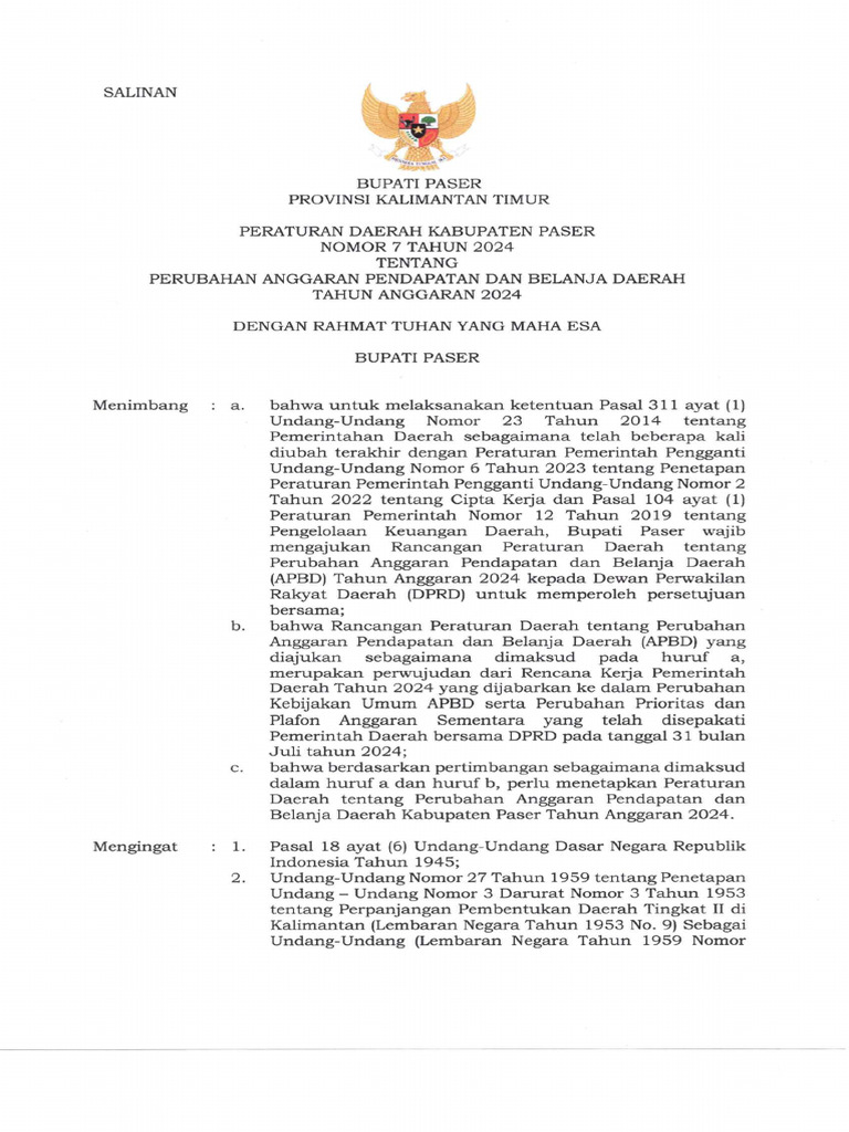 Perda Nomor 7 Tahun 2024 Tentang Perubahan Anggaran Pendapatan Dan ...