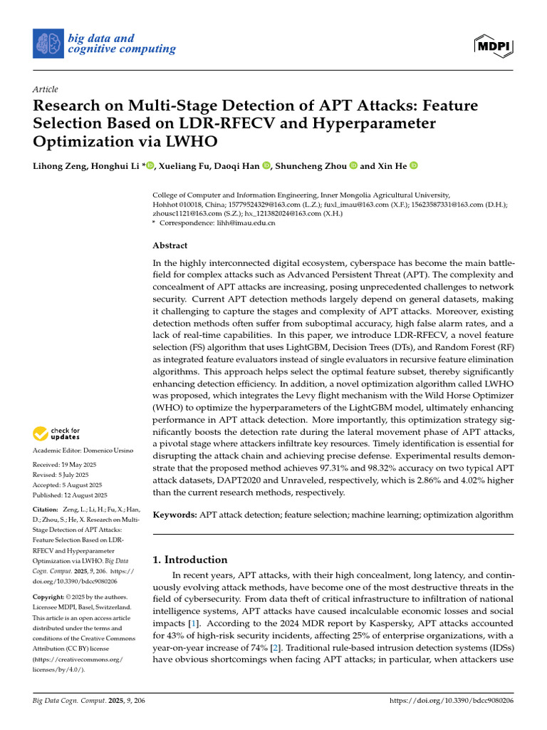 Research On Multi-Stage Detection of APT Attacks: Feature Selection Based On LDR-RFECV and ...