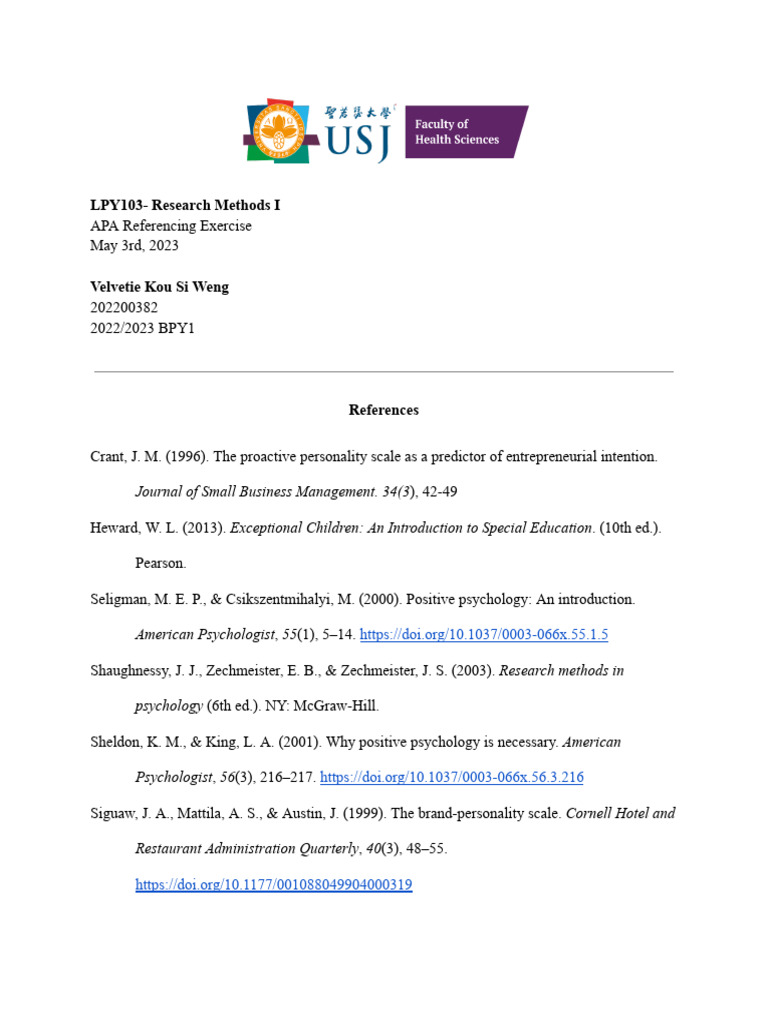 Research Methods APA Referencing Exercise | PDF