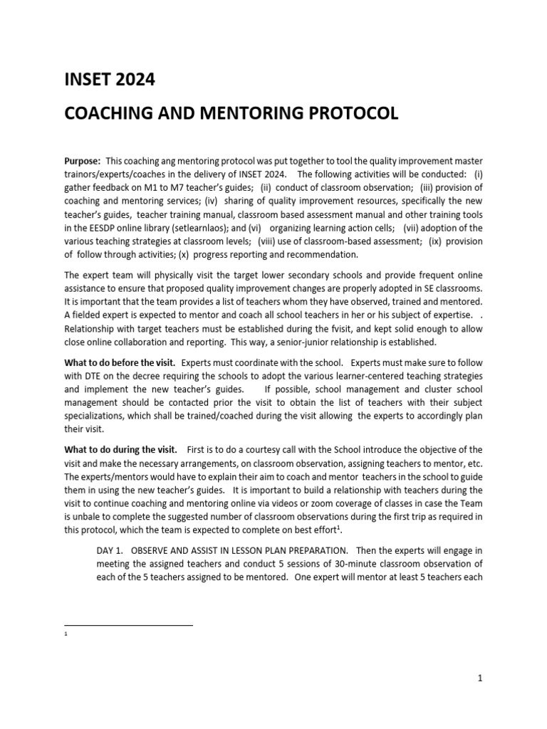 INSET 2024 Coaching Protocol Guide | PDF | Mentorship | Teachers