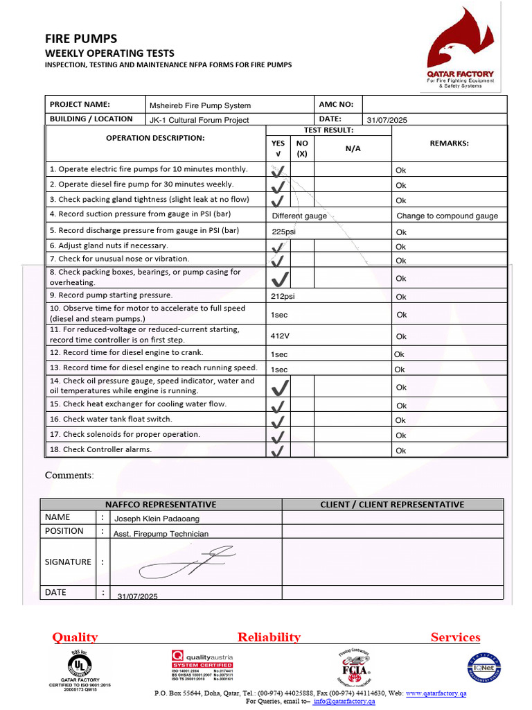 Weekly Fire Pump Inspection Checklist | PDF | Pump | Mechanical Engineering