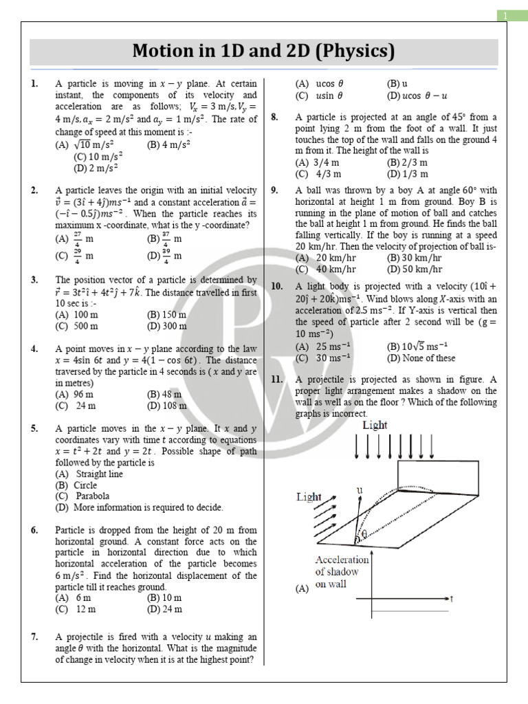 Assignment - Motion in 1D and 2D - Physics - Deepanshu Sir | PDF | Acceleration | Velocity