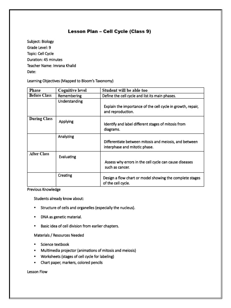 Lesson Plan Cell Cycle Chap | PDF | Mitosis | Cell Cycle