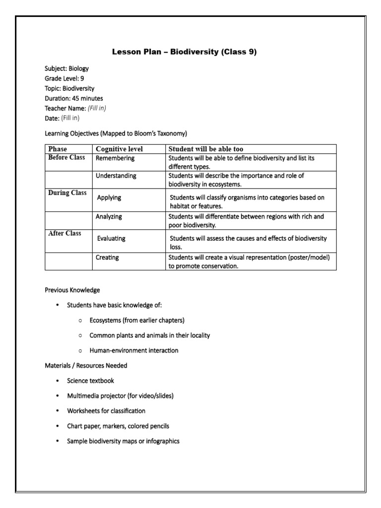 Class 9 Biodiversity Lesson Plan | PDF | Biodiversity | Lesson Plan