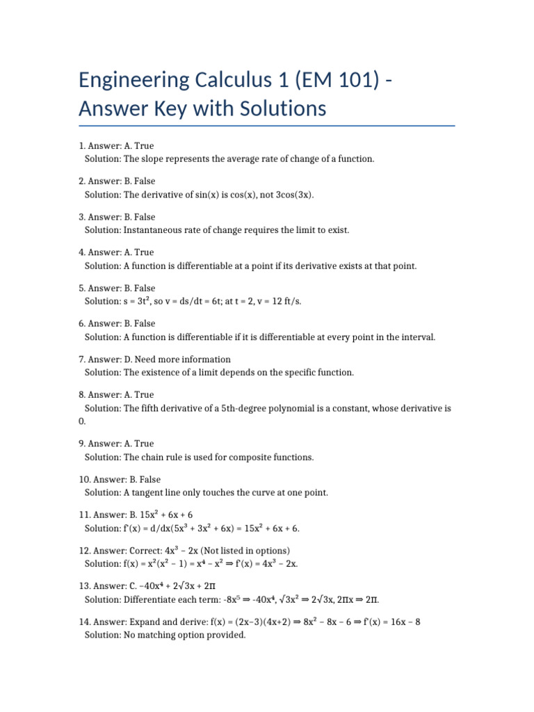 Engineering Calculus 1 Answer Key | PDF