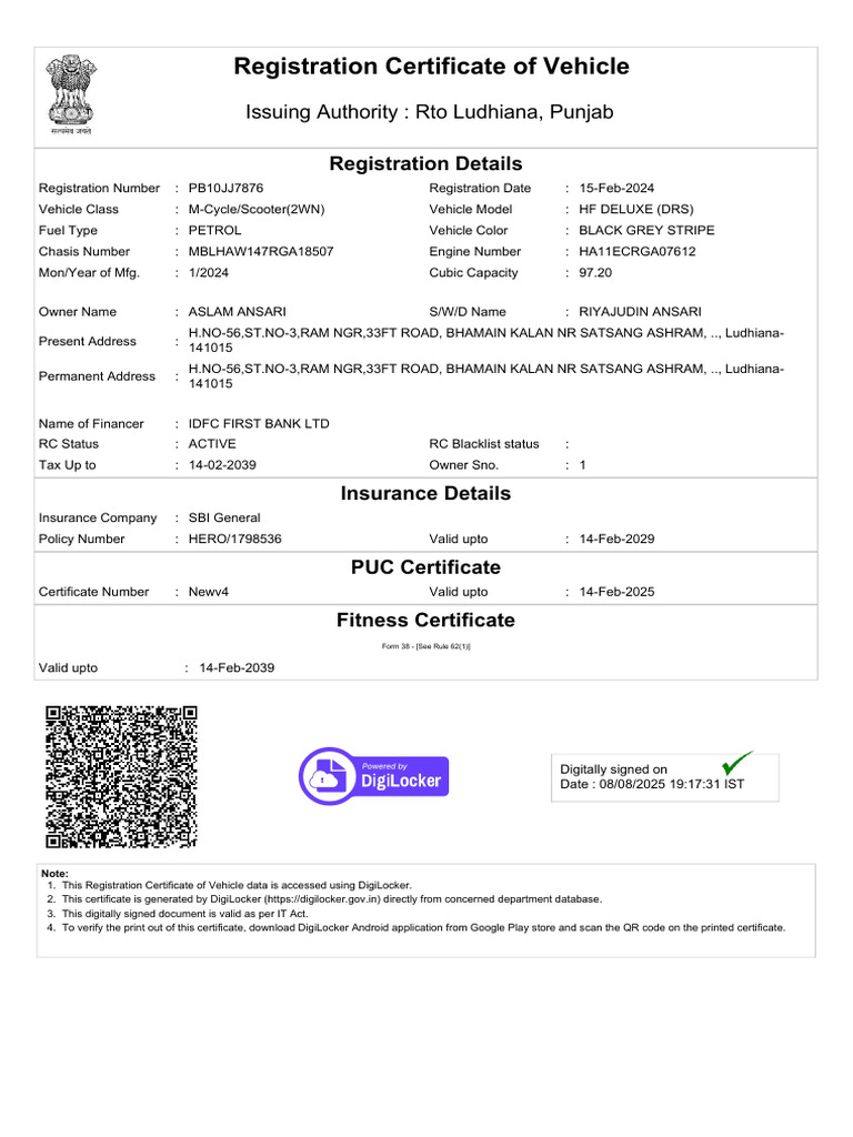 Vehicle Registration Certificate - HF Deluxe | PDF | Computing