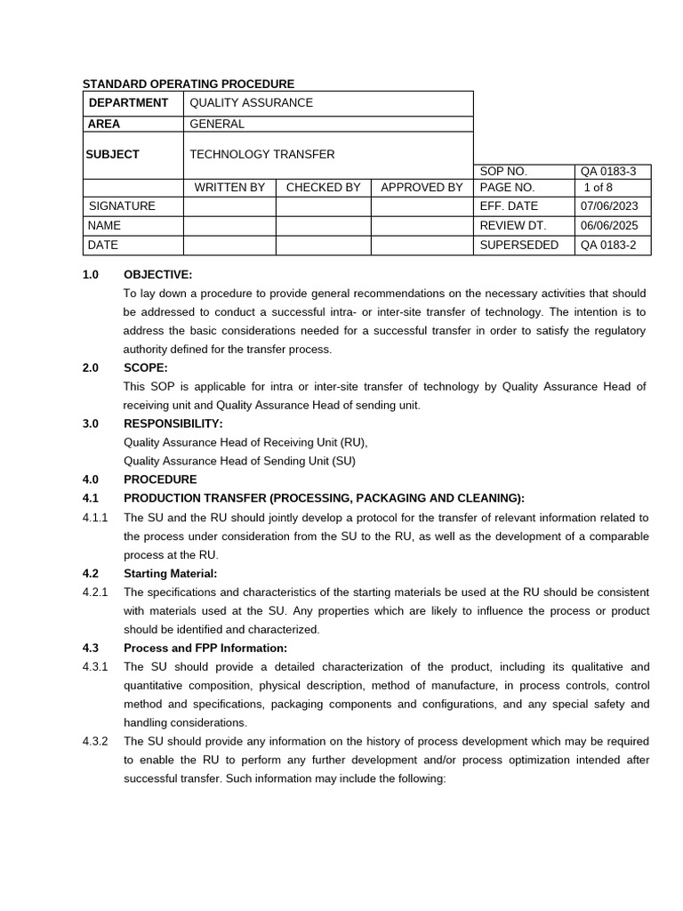Technology Transfer SOP for QA | PDF | Verification And Validation ...